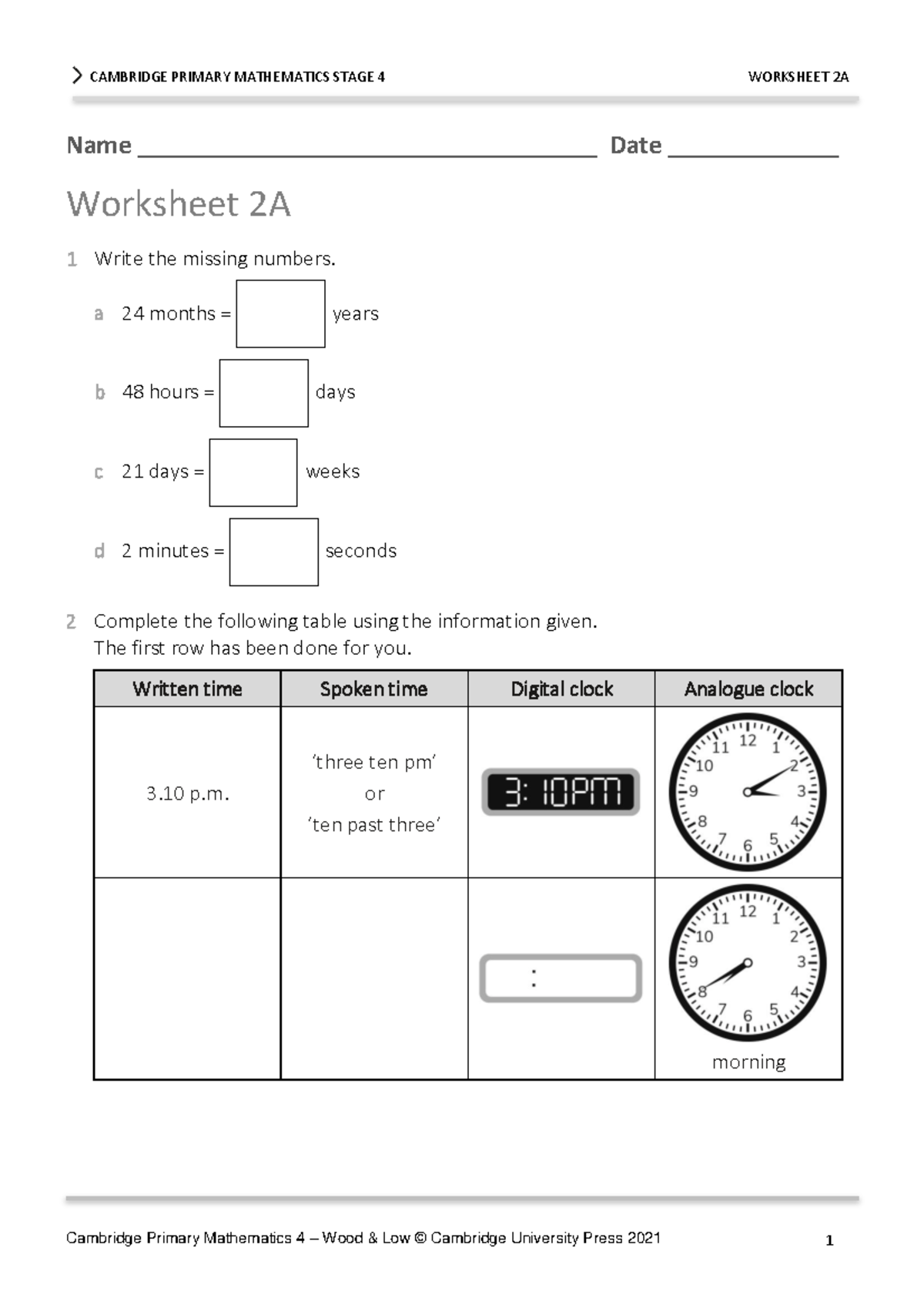 CAMBRIDGE PRIMARY MATHEMATICS STAGE 4 WORKSHEET 2A: TIME & TIMETABLES ...