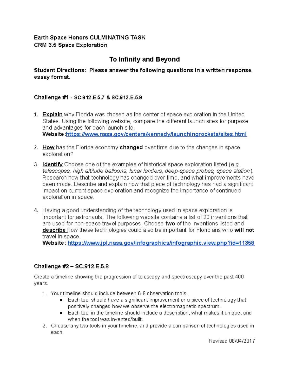 Copy of Space Exploration Culminating Task Student copy - Hoffman ...