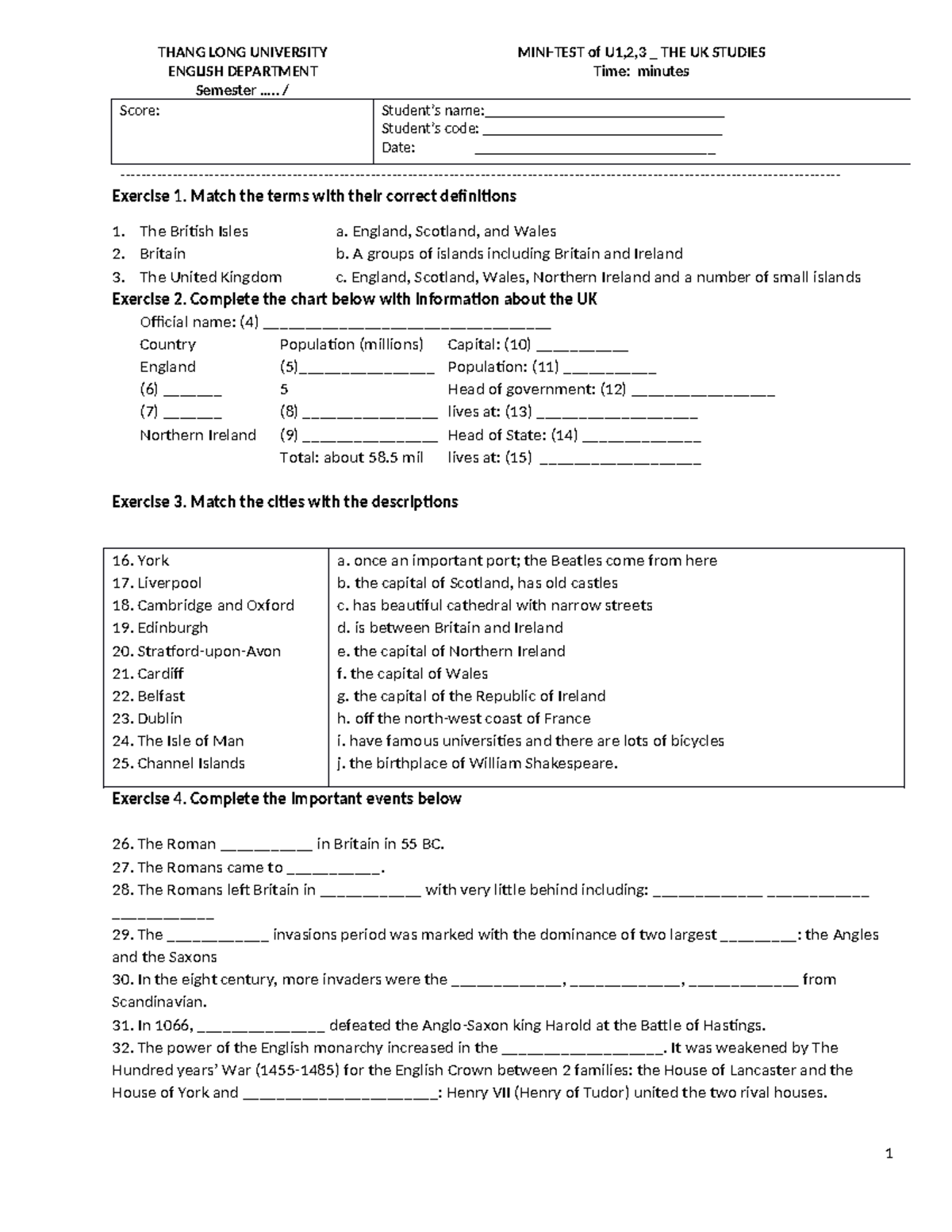 UNIT TEST 1-2-3: UK Studies Overview and Exercises - Studocu