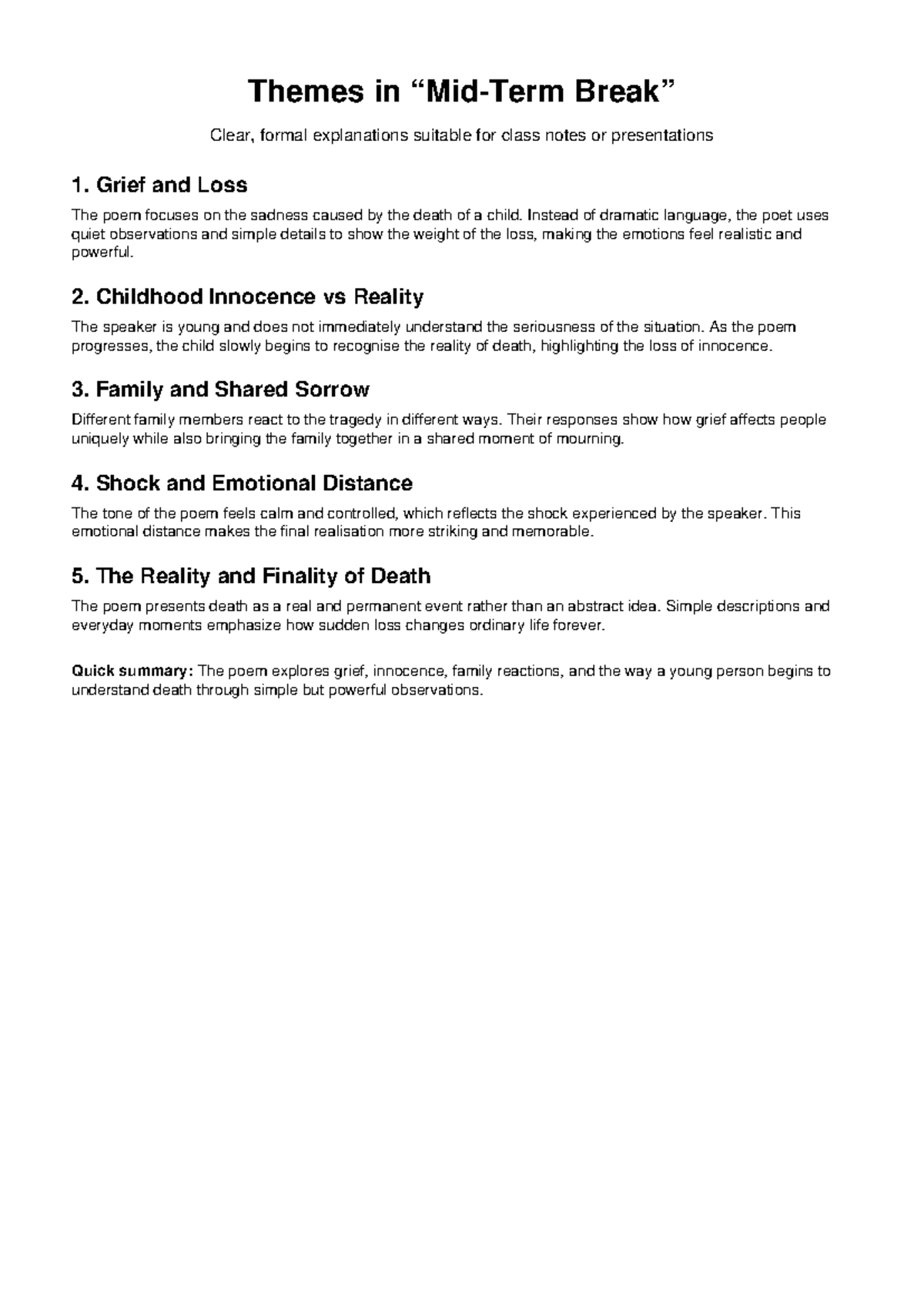 Midterm Exam: Themes in "Mid-Term Break" Poem Analysis - Studocu