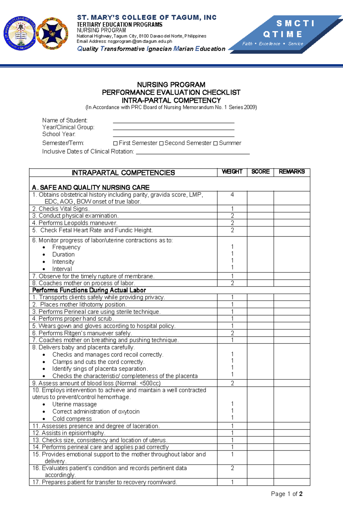 NURSING PROGRAM PERFORMANCE EVALUATION CHECKLIST (SMCTI) - Studocu