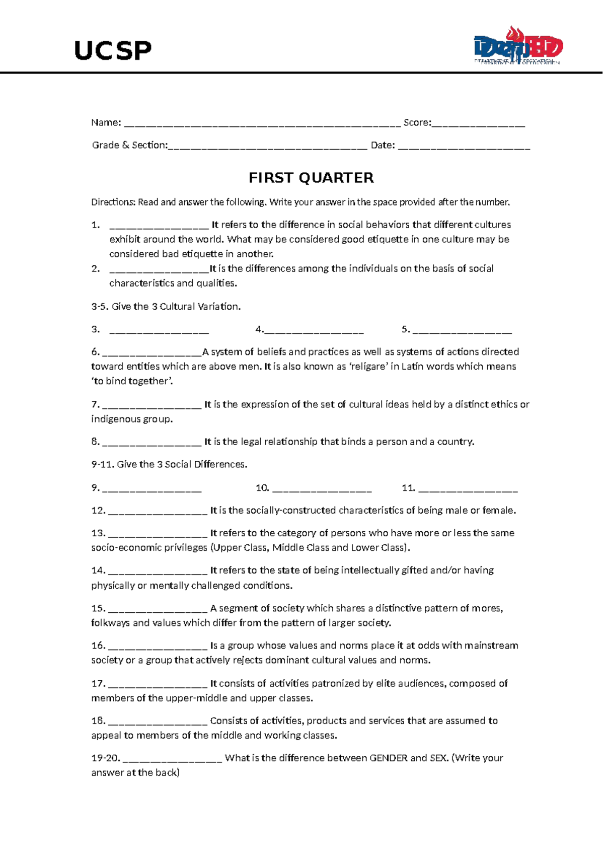 Worksheet 1 - Understanding Cultural and Social Differences (UCSP ...