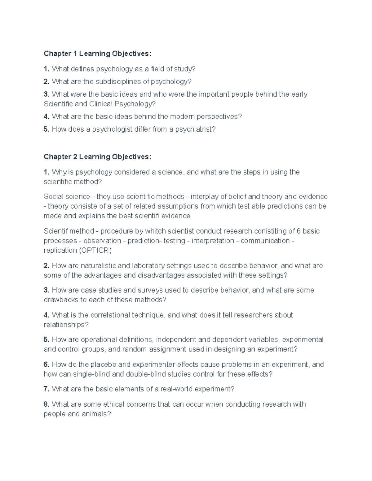 Psy 101: Chapter 1 & 2 Learning Objectives Overview - Studocu