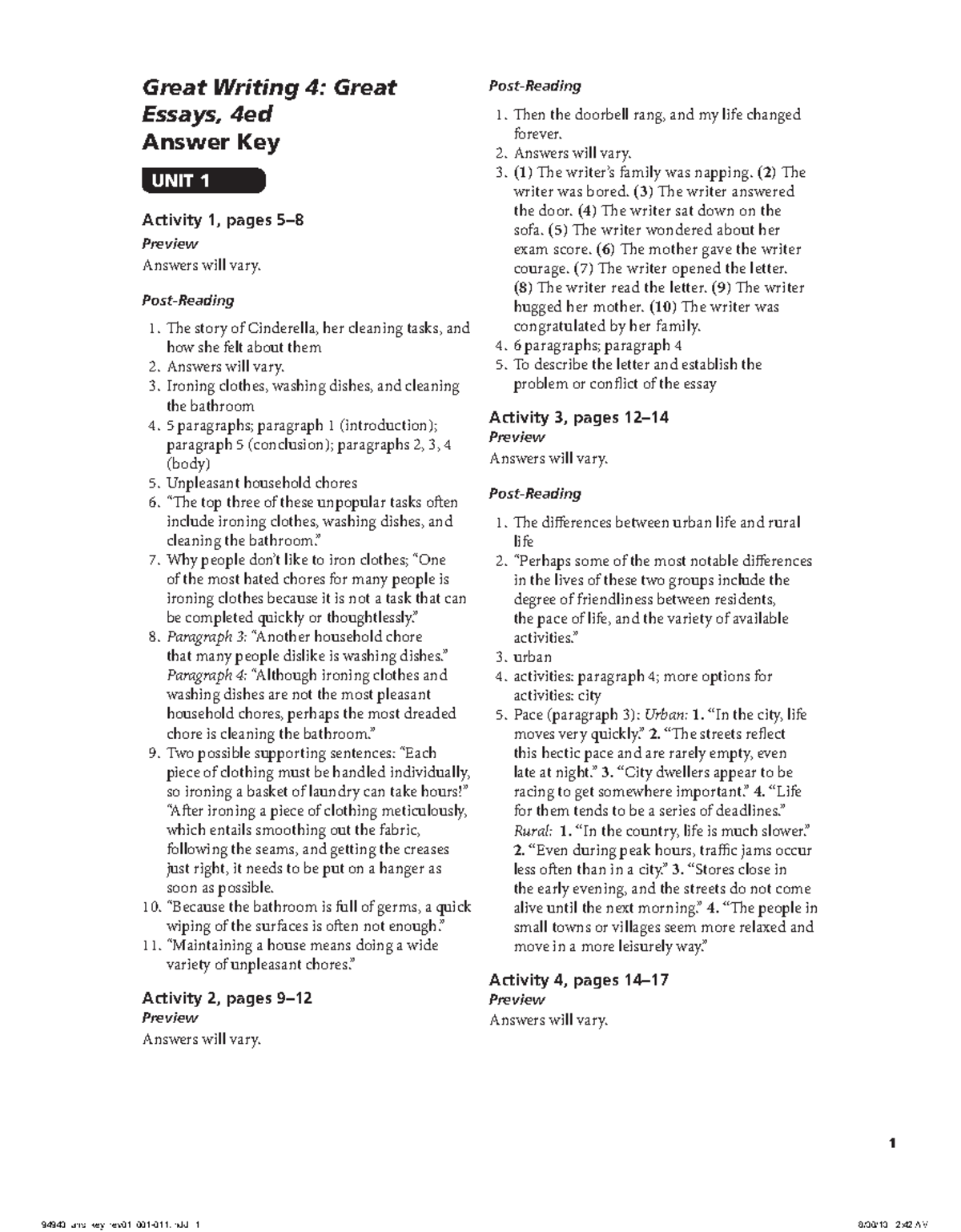 Great Writing 4: Answer Key for Essays and Activities (4th Ed) - Studocu