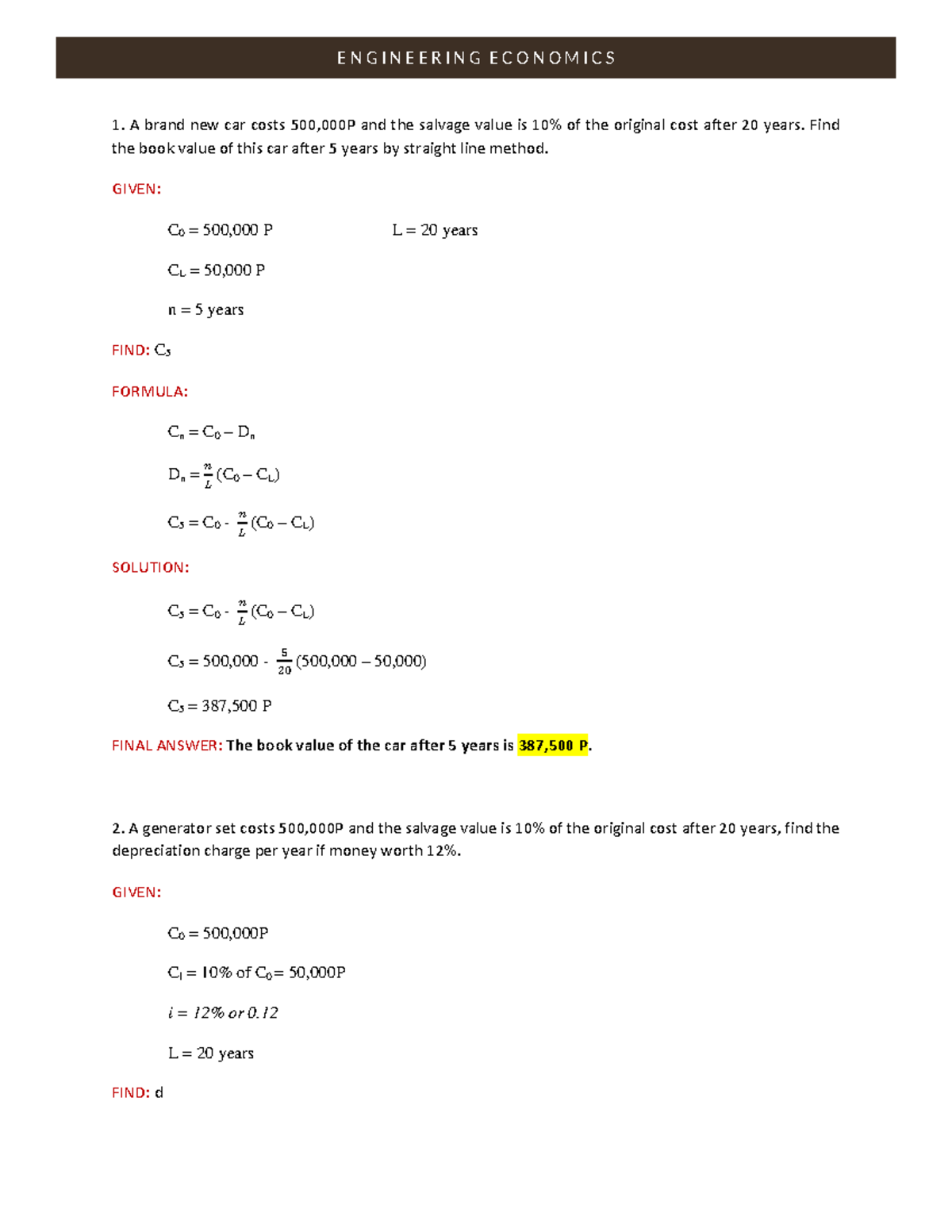 Engineering Economics Assessment 4: Depreciation Techniques Explained - Studocu