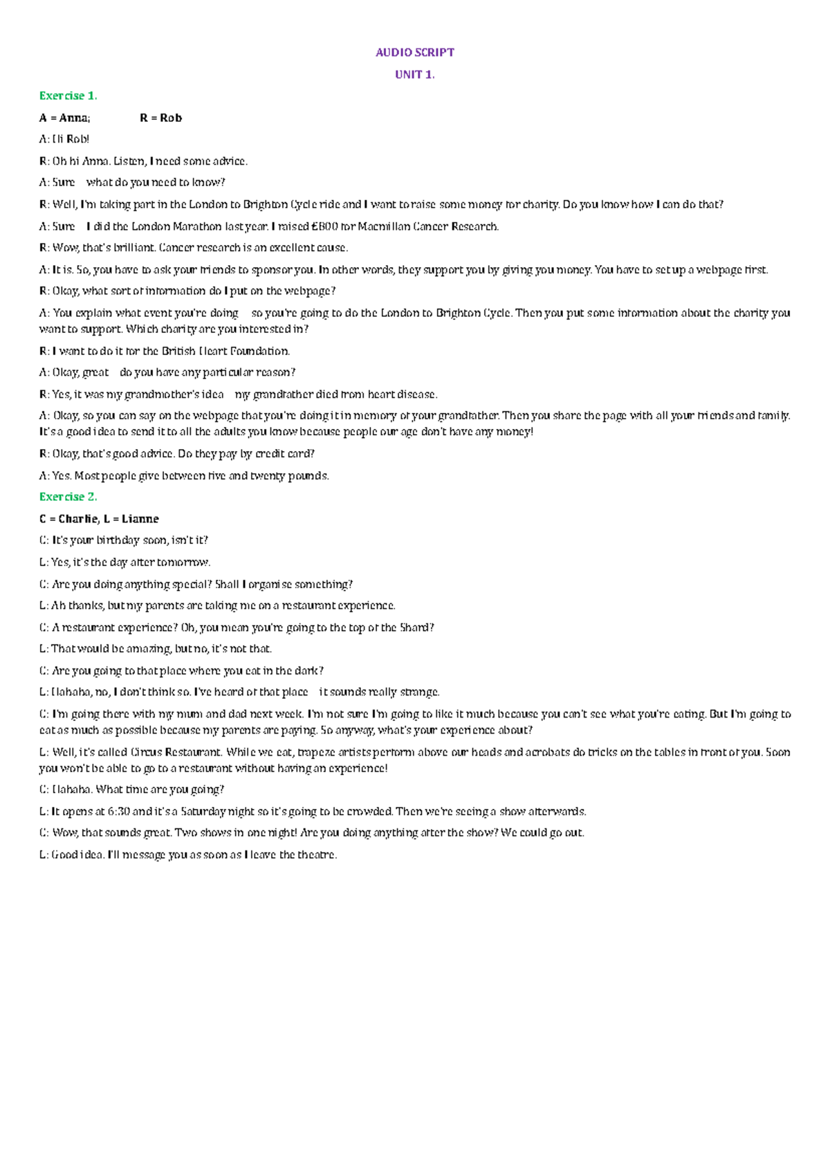 Audio Script - Unit 1 to Unit 10 Overview and Exercises - Studocu