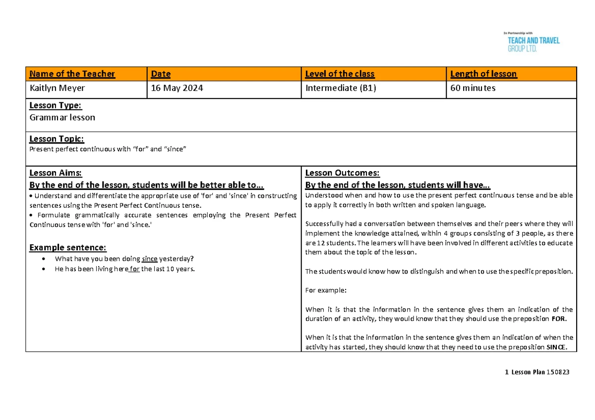 TEFL L5 - Assignment 1 (Vocabulary) - Name of the Teacher Date Level of the class Length of ...