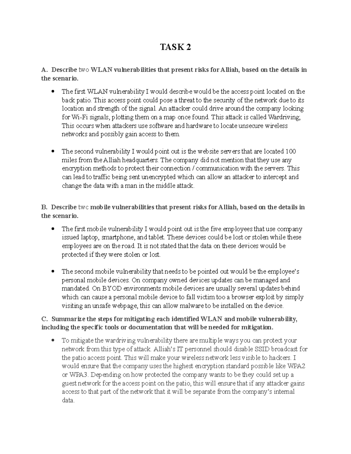 C844 Task 2 - WLAN and Mobile Vulnerabilities Analysis and Mitigation - Studocu