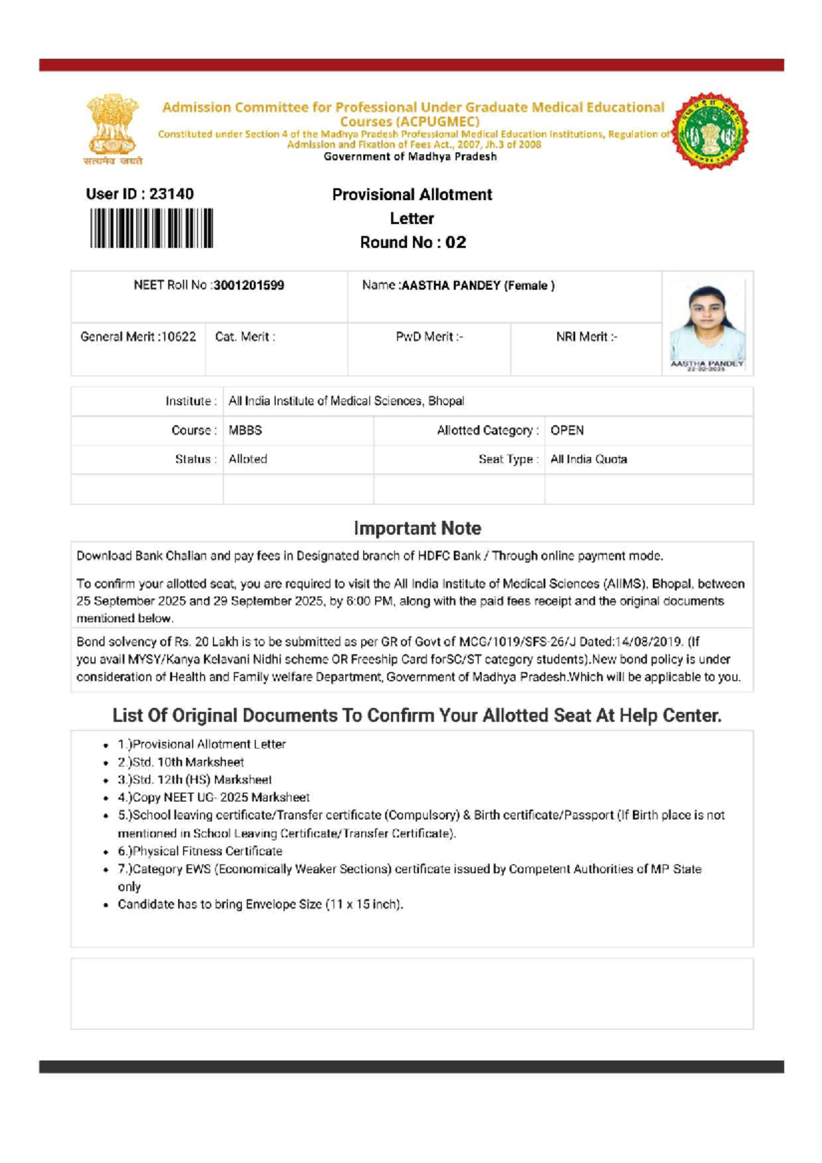 Provisional Allotment Letter for MBBS Admission - AIIMS Bhopal - Studocu