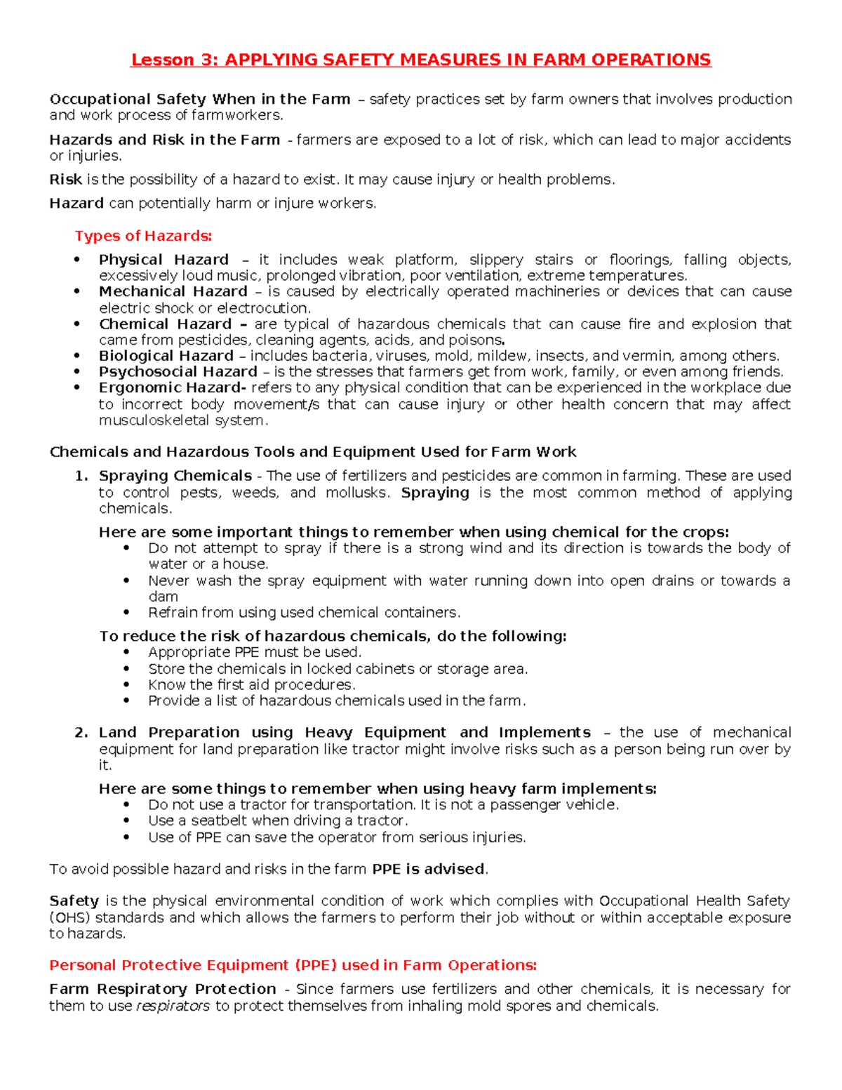 Lesson 3: Safety Measures for Farm Operations and Hazard Prevention ...