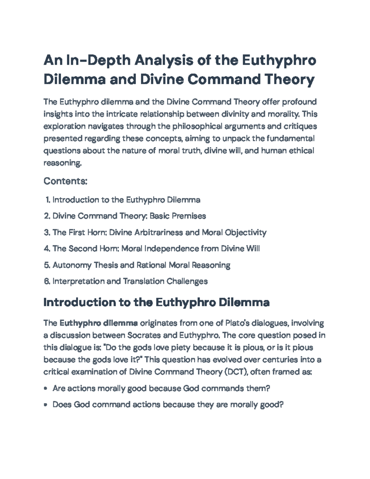 Final Exam Notes on Euthyphro Dilemma & Divine Command Theory - An In ...