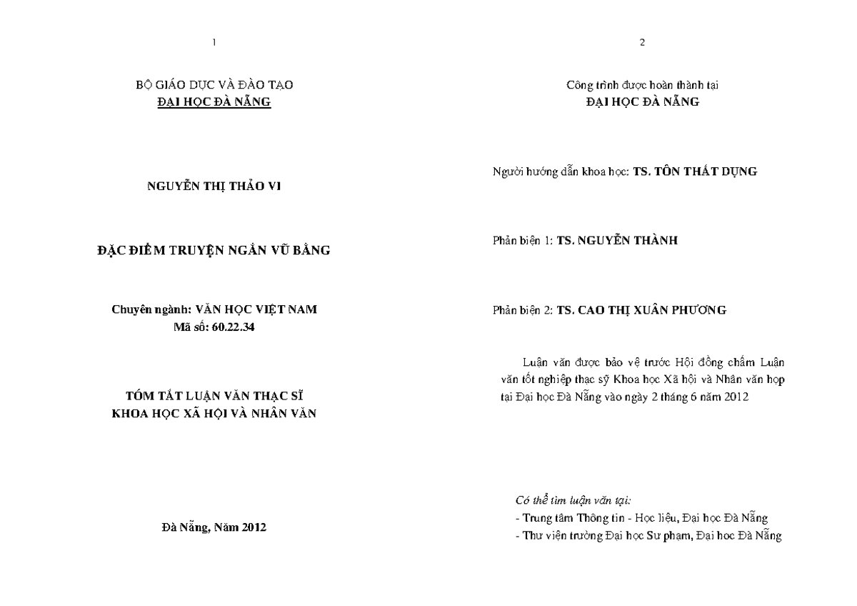 Tomtat - Lí luận - B GIÁO D C VÀ ĐÀO T O Đ I H C ĐÀ N NG NGUY N TH TH O VI Đ C ĐI M TRUY N NG N ...