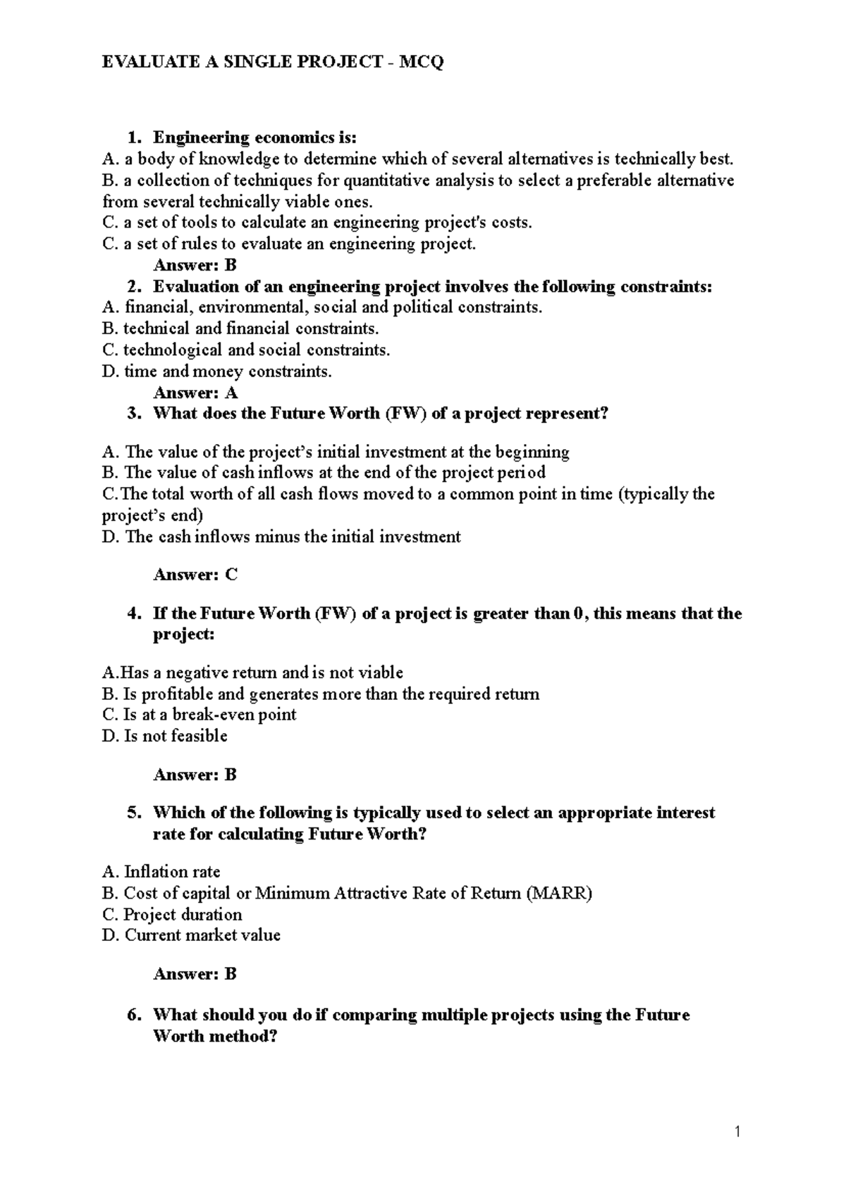 MCQ EE Group 6 - Engineering Economics Evaluation Questions - Studocu