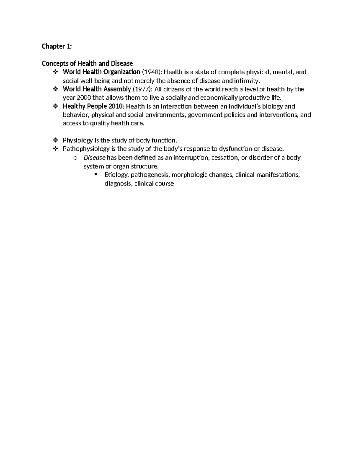 Chapter 1 Notes: Health, Disease, and Pathophysiology Concepts - Studocu