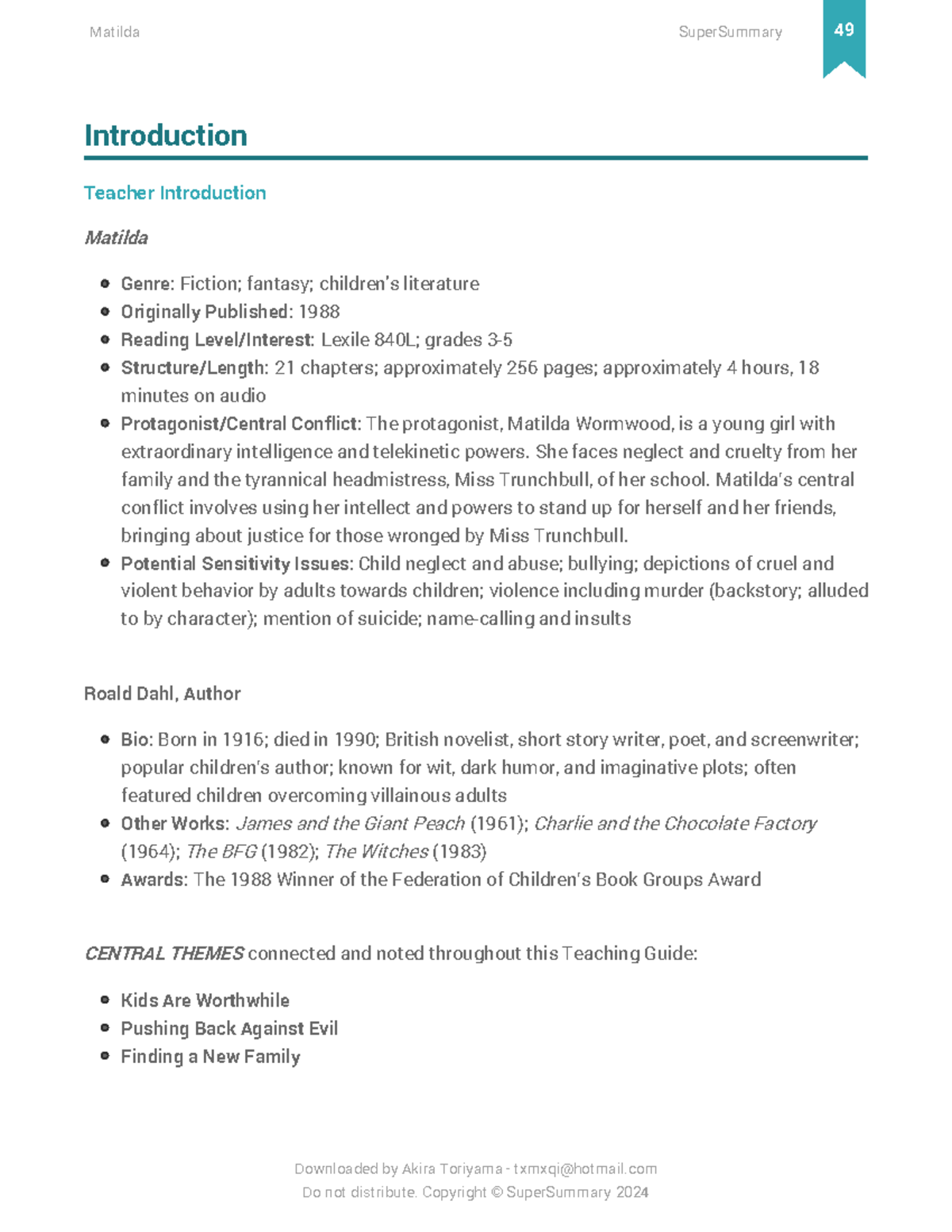 Matilda - Super Summary Study Guide 50 - Introduction Teacher Introduction Matilda Genre ...