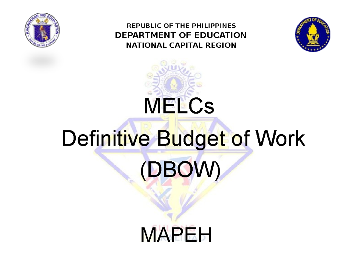 Definitive Budget of Work (DBOW) for MAPEH Grade 1 Curriculum - Studocu