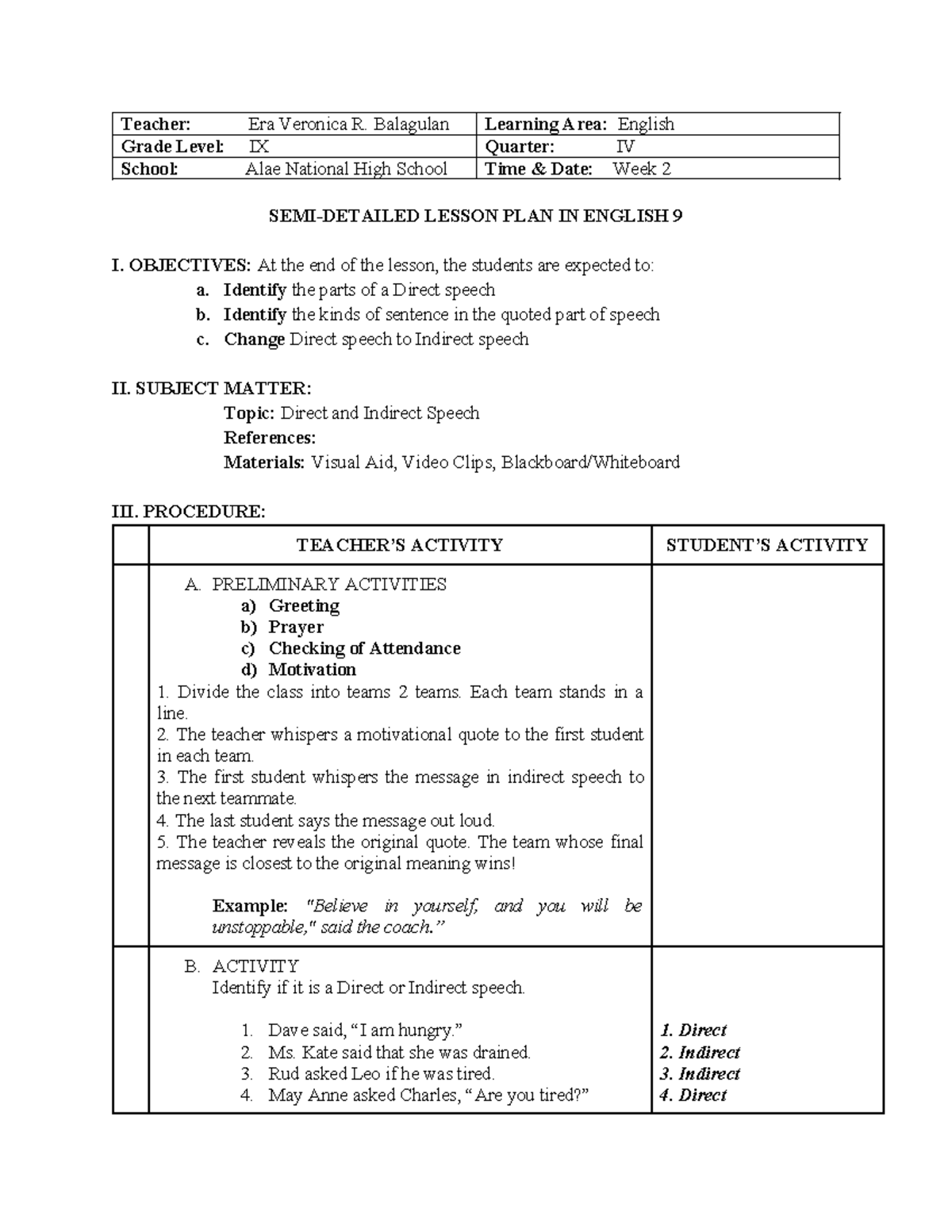 Lesson Plan 9: Mastering Direct and Indirect Speech in English 9 - Studocu