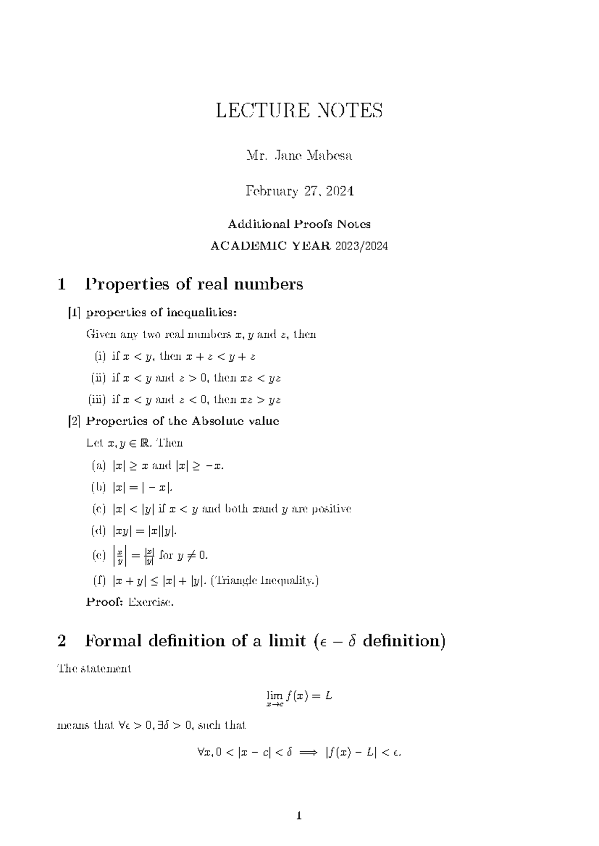 LECTURE NOTES: Formal Definition of Limit (ACAD 1) - Studocu