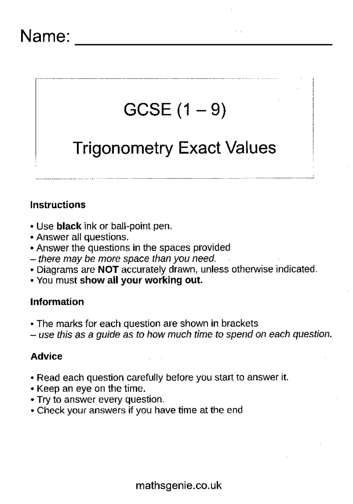 GCSE (1 9) Trigonometry Exact Values - Exam Notes - Studocu