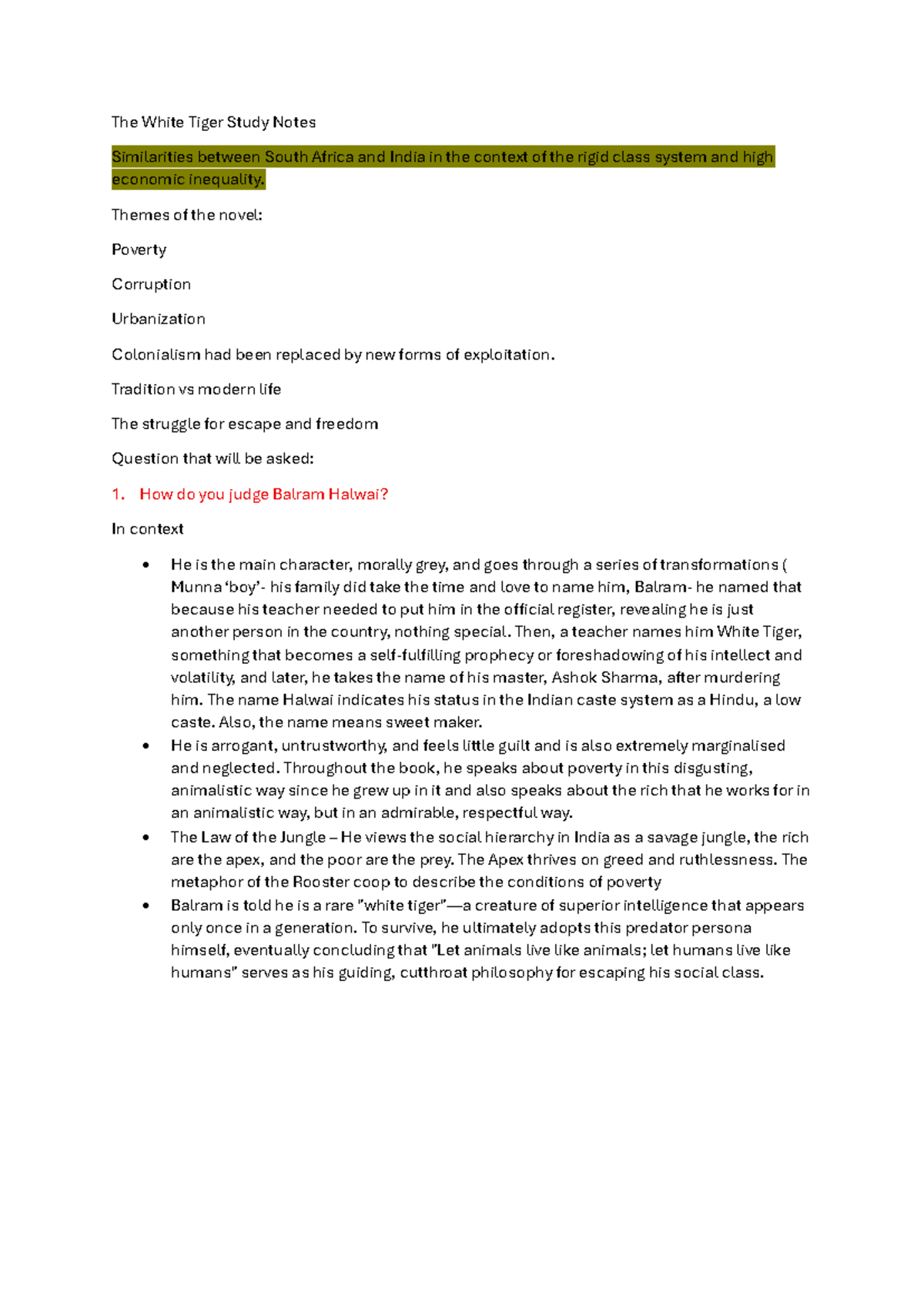The White Tiger (ENG 101) Study Notes: Class, Corruption, and ...