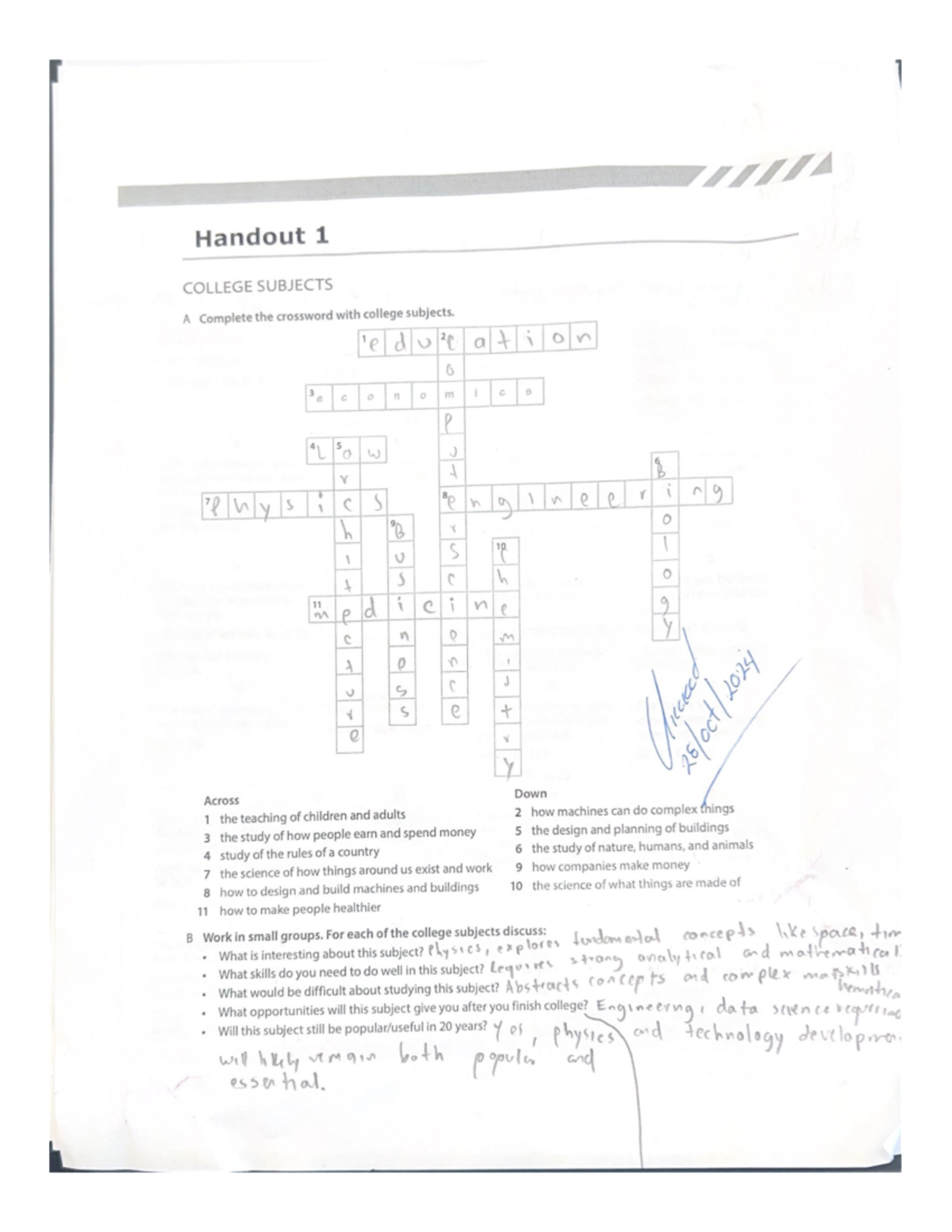 Unit 9 - Handout inglés nivel 3 - Handout 1 COLLEGE SUBJECTS A Complete ...