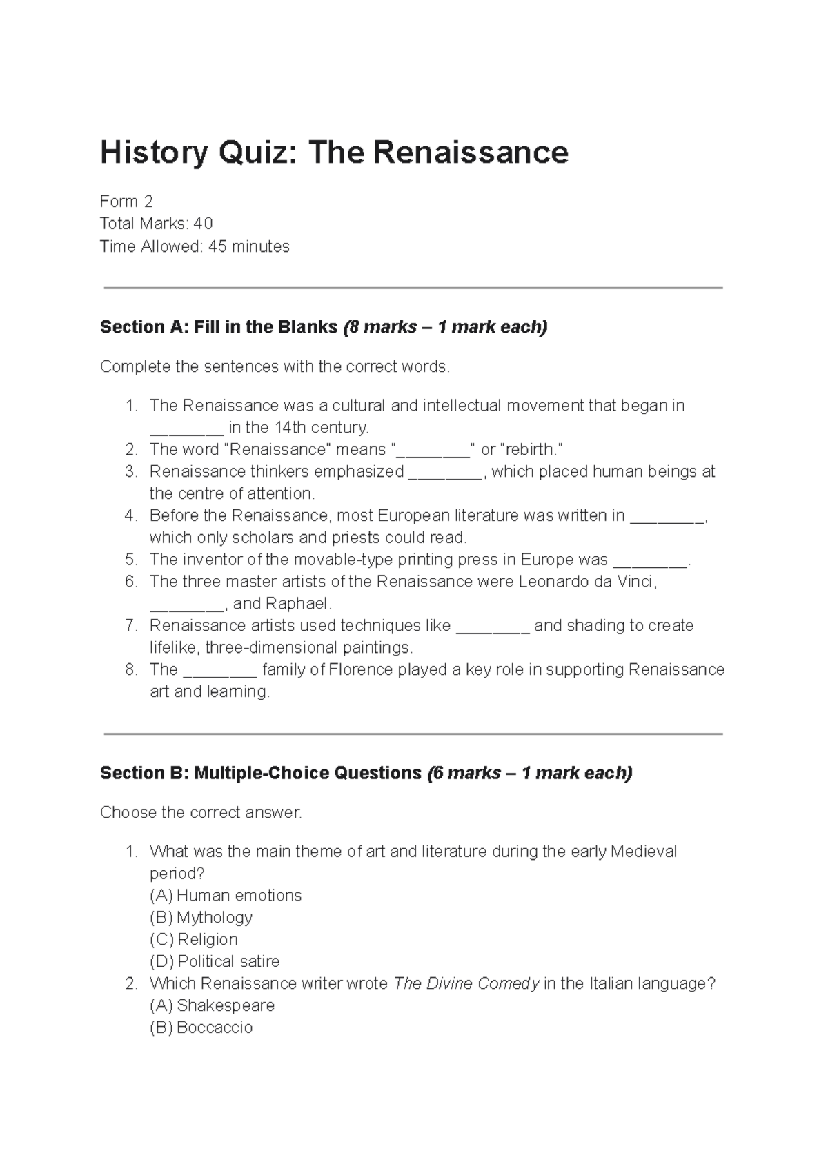 S2 History Quiz: The Renaissance Overview and Key Concepts - Studocu