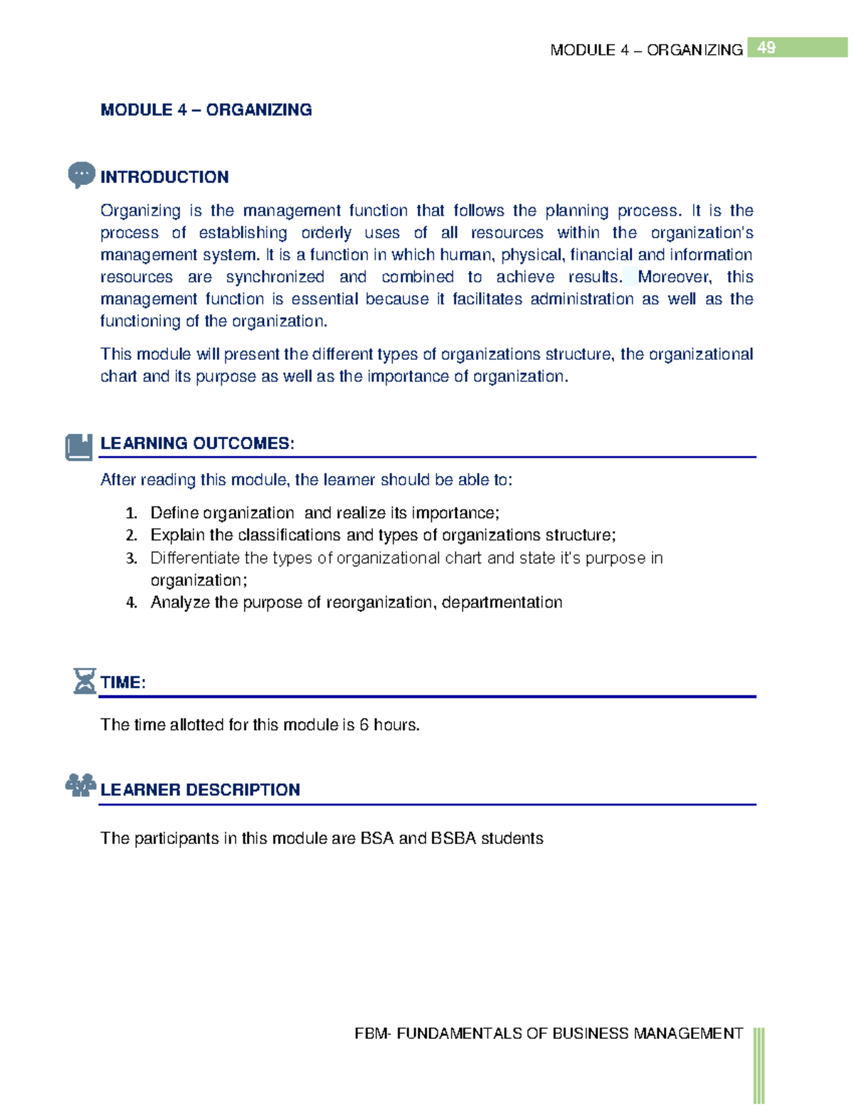 Module 4- Organizing - Business Management - MODULE 4 – ORGANIZING MODULE 4 – ORGANIZING - Studocu