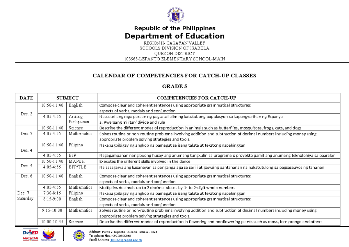 G5 Catch up calendar - Address: Purok 2, Lepanto, Quezon, Isabela ...