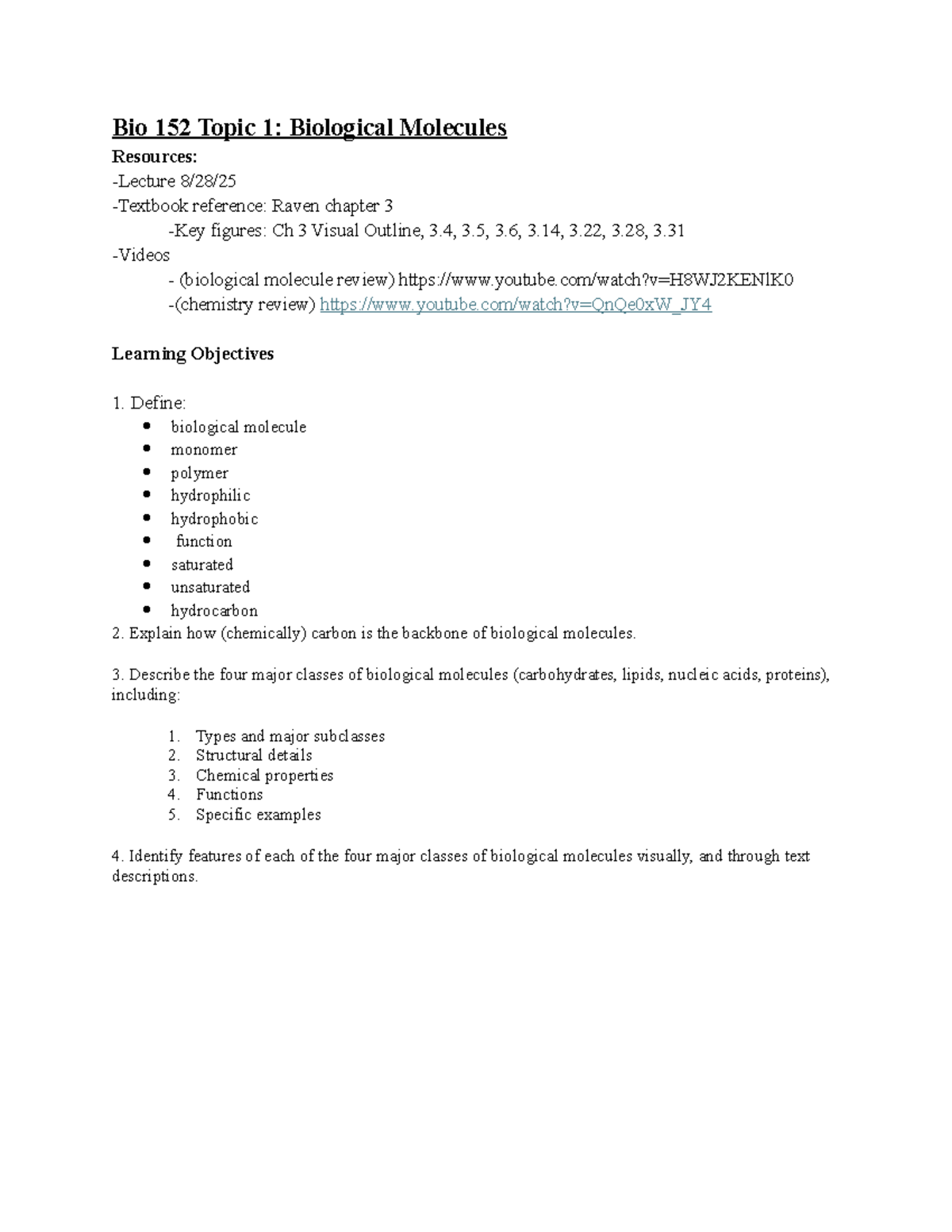 Bio 152 Topic 1: Study Guide on Biological Molecules - Studocu