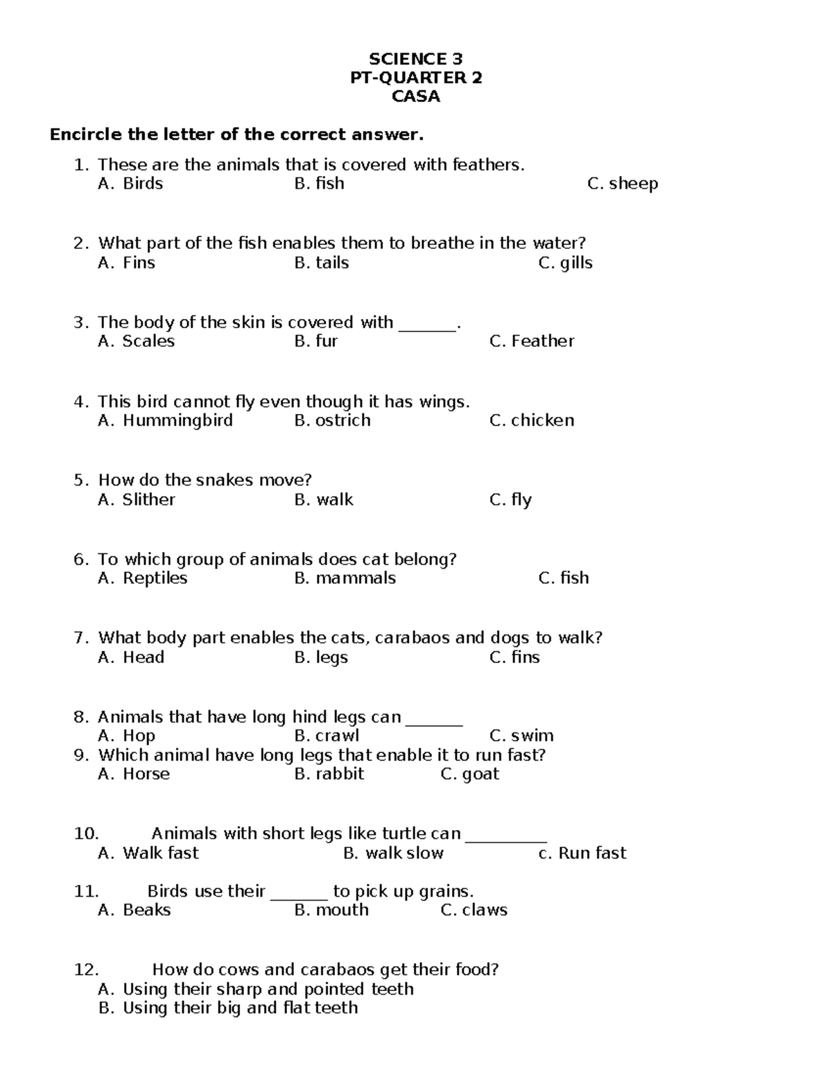 SCIENCE 3 2 CASA Animal and Plant Characteristics Quiz - Studocu