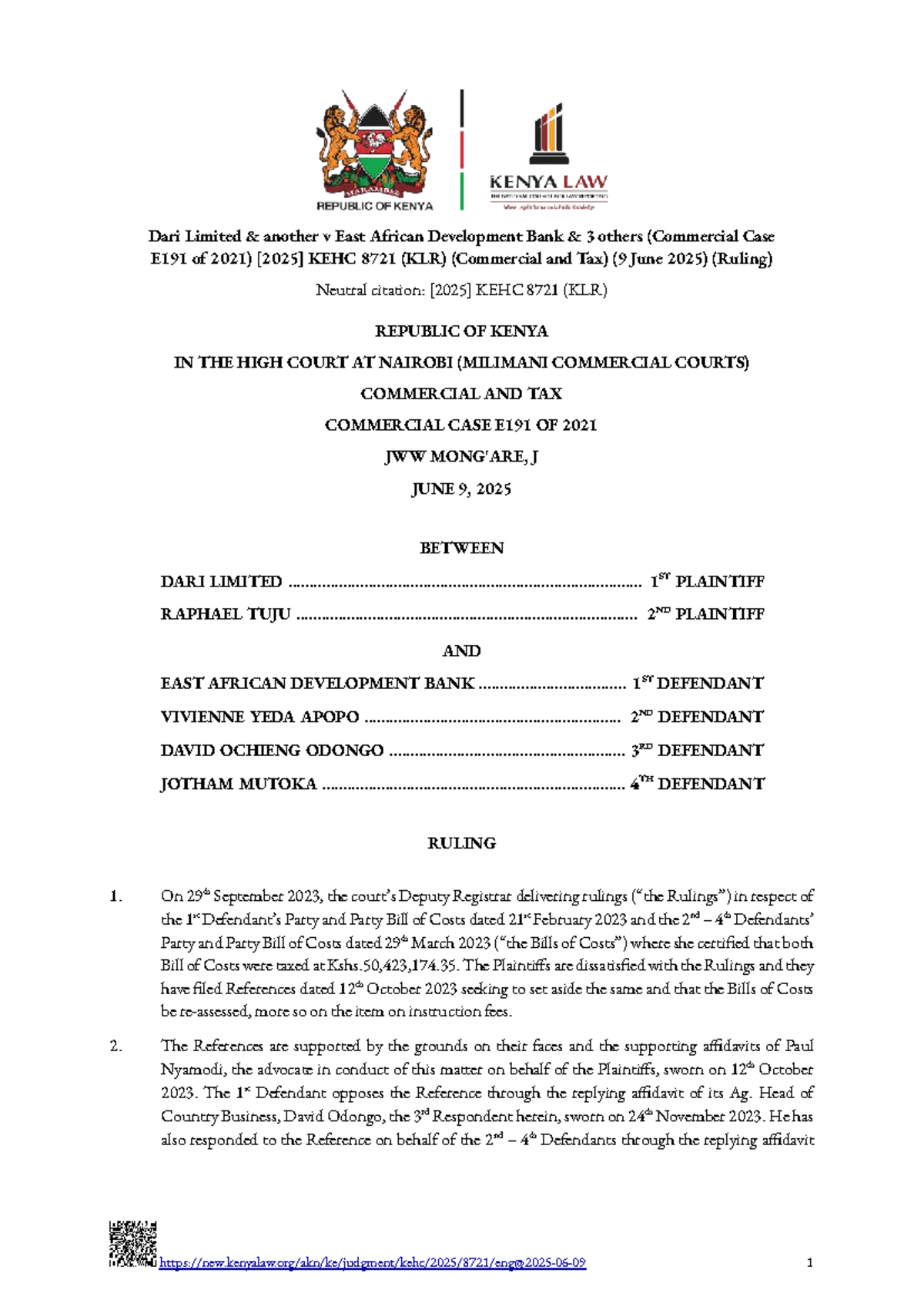 Dari Ltd v East African Dev Bank & Others (Comm Case E191/2021) Ruling ...