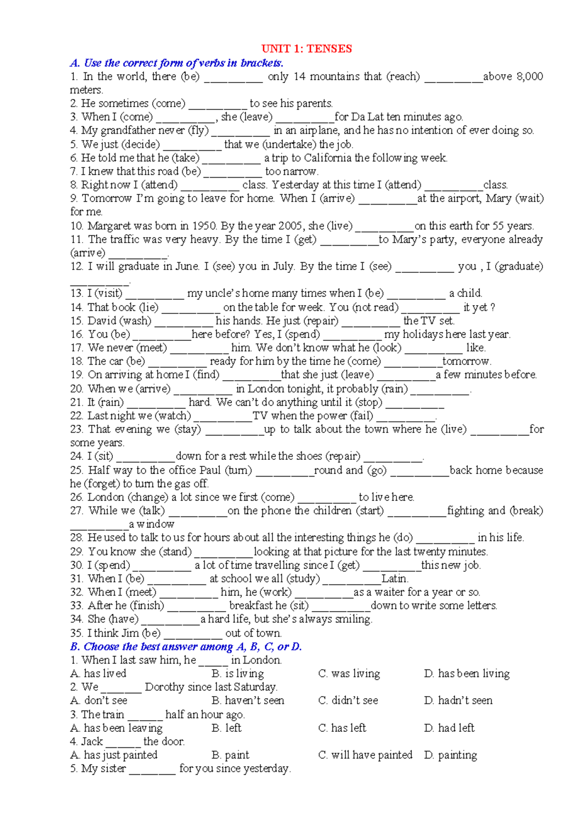 TC 11: Simple Exercises for Practice on Tenses - Studocu