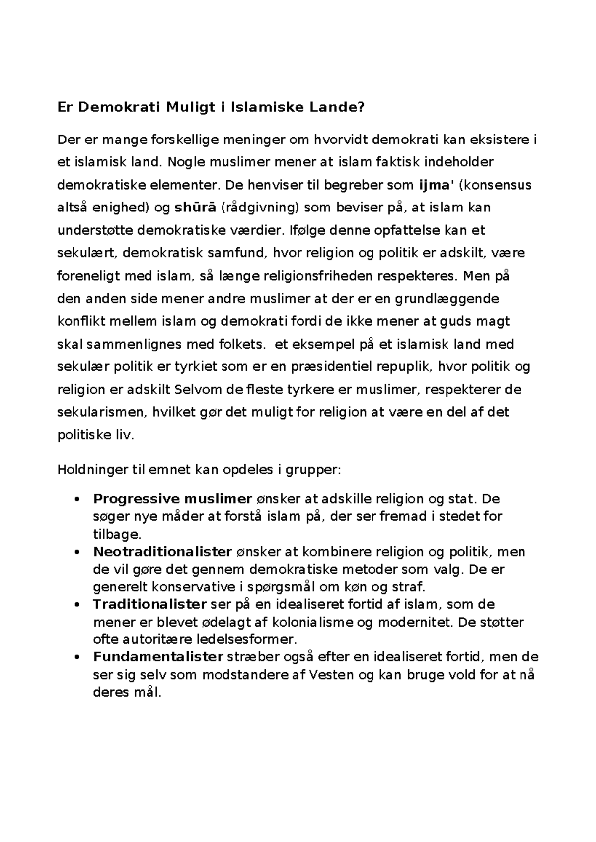 Demokrati i Islamiske Lande: Muligheder og Udfordringer - Studocu