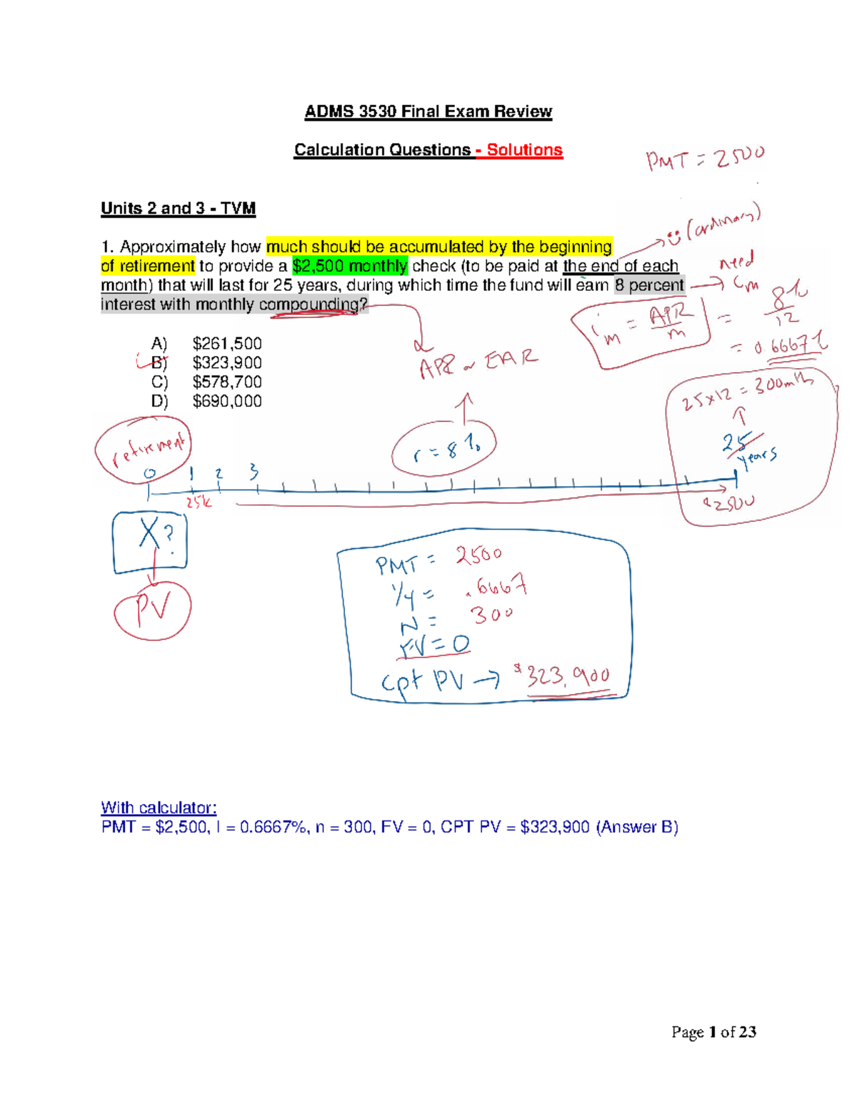 ADMS 3530 Final Exam Review: Calculation Questions Solutions - Studocu