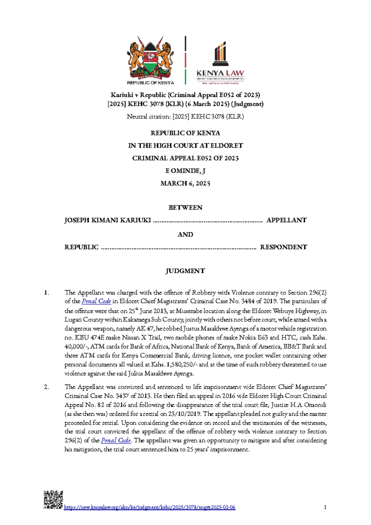 Kariuki v Republic: Judgment on Criminal Appeal E052 of 2023 (6 March ...
