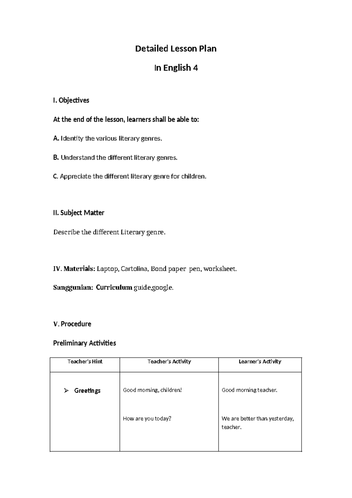Detailed Lesson Plan on Literary Genres for English 4 G1-D - Studocu