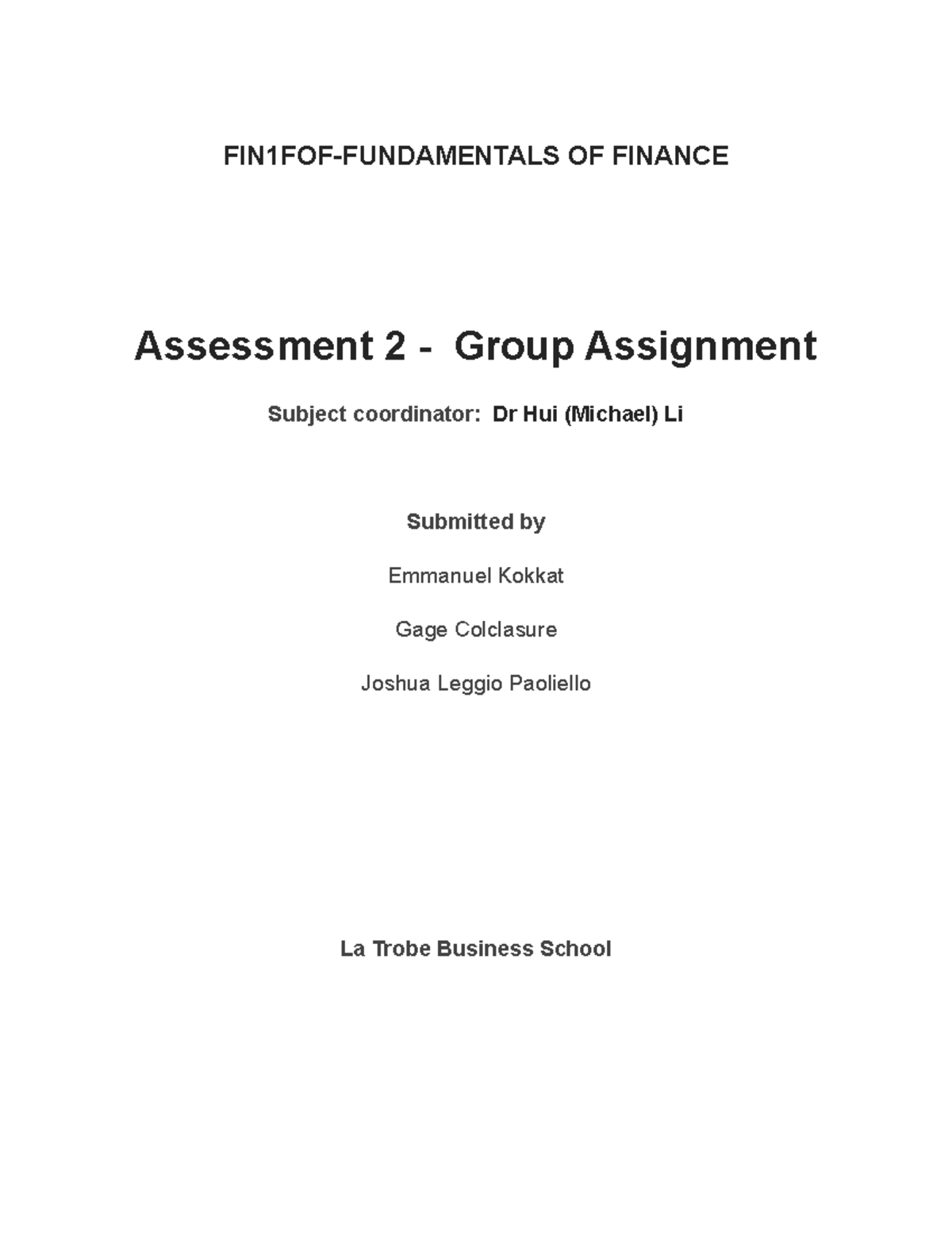 Fund of Finance Assignement - FIN1FOF-FUNDAMENTALS OF FINANCE ...