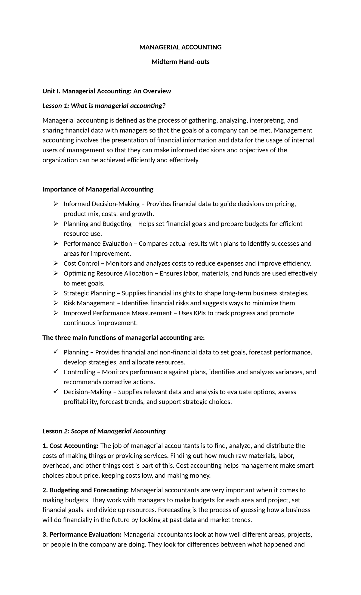 Managerial Accounting (ACCT 201) Midterm Review Notes: Key Concepts ...