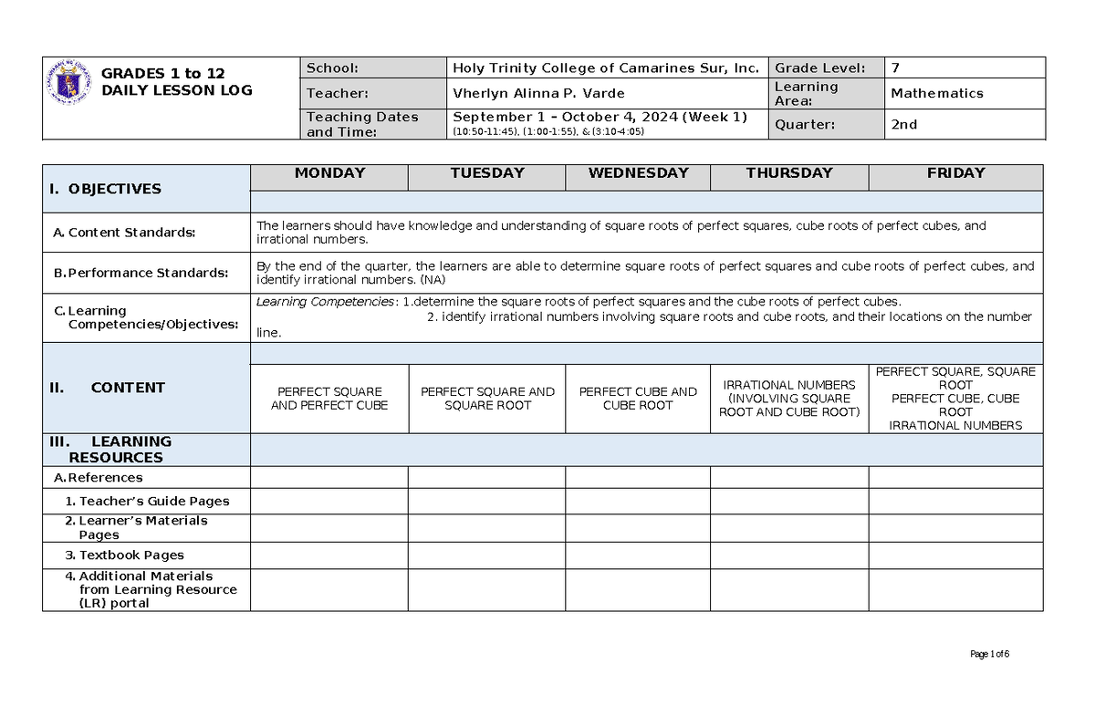 DLL MATH 7 WEEK 1 - Understanding Perfect Squares and Cubes - Studocu