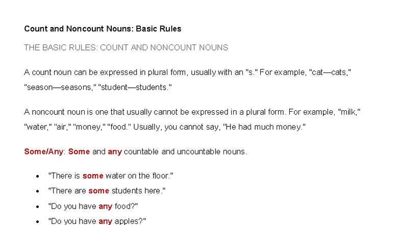 Count and Noncount Nouns: Basic Rules Explained - Studocu