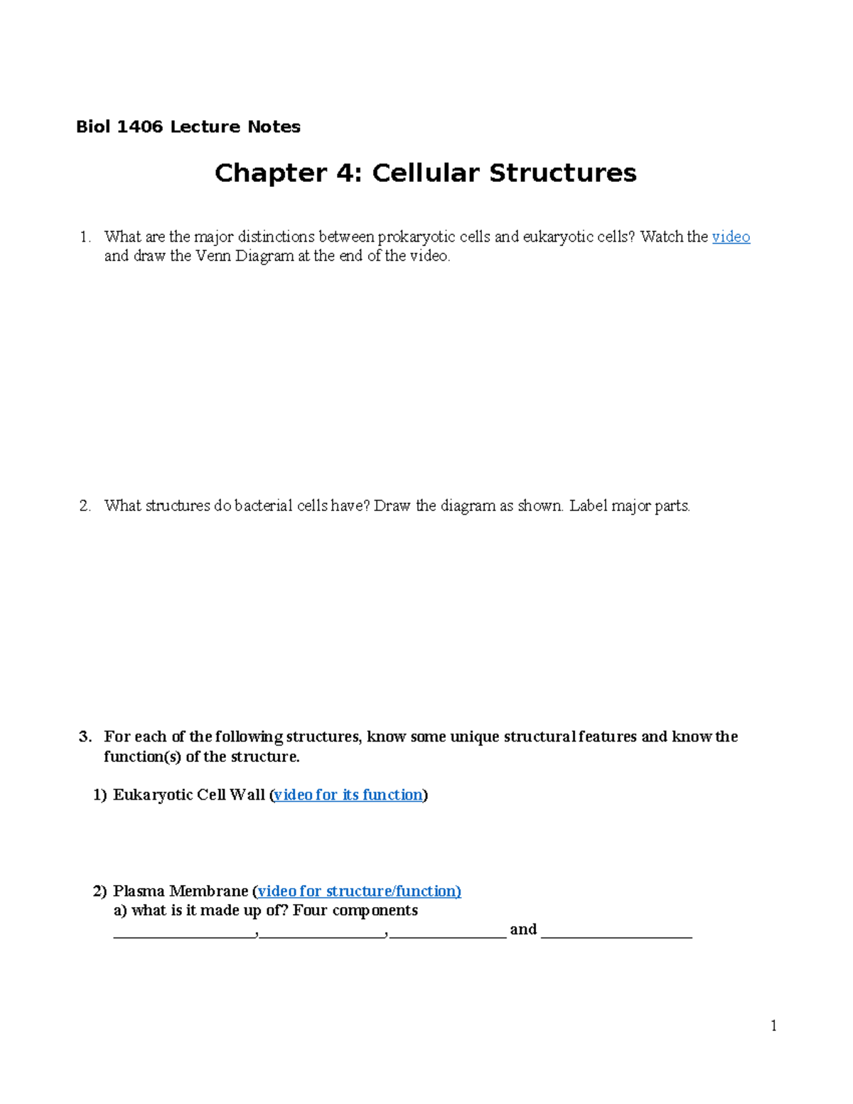 Chapter 4 Cell Structures Biol 1406 Lecture Notes Chapter 4 Cellular