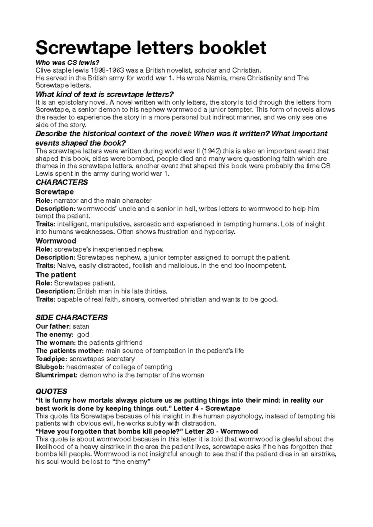 CS Lewis and The Screwtape Letters: A Study Guide - Studeersnel