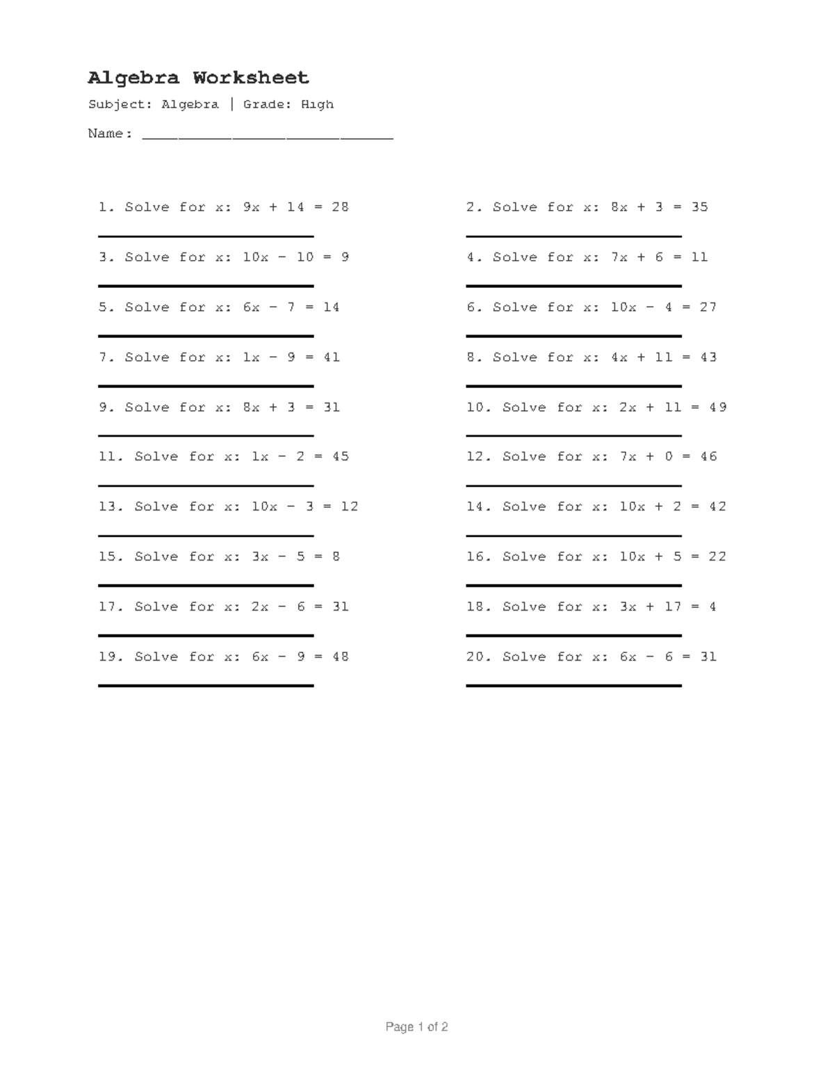 Algebra Worksheet 7 - High School Algebra Problems - Studocu
