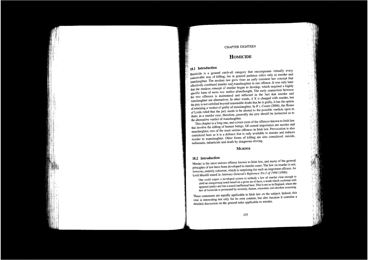 CHAPTER 18: HOMICIDE IN IRISH CRIMINAL LAW - CONOR HANLY 2015 - Studocu