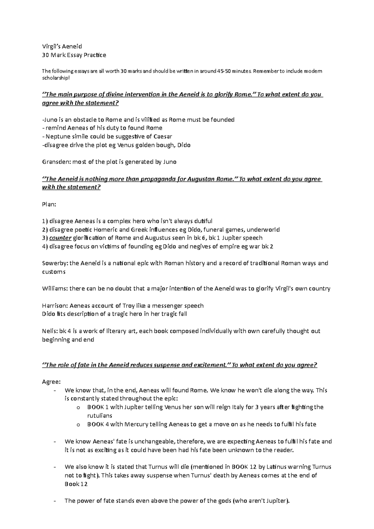 Virgil's Aeneid: 30 Mark Essay Examples & Plans for Analysis - Studocu