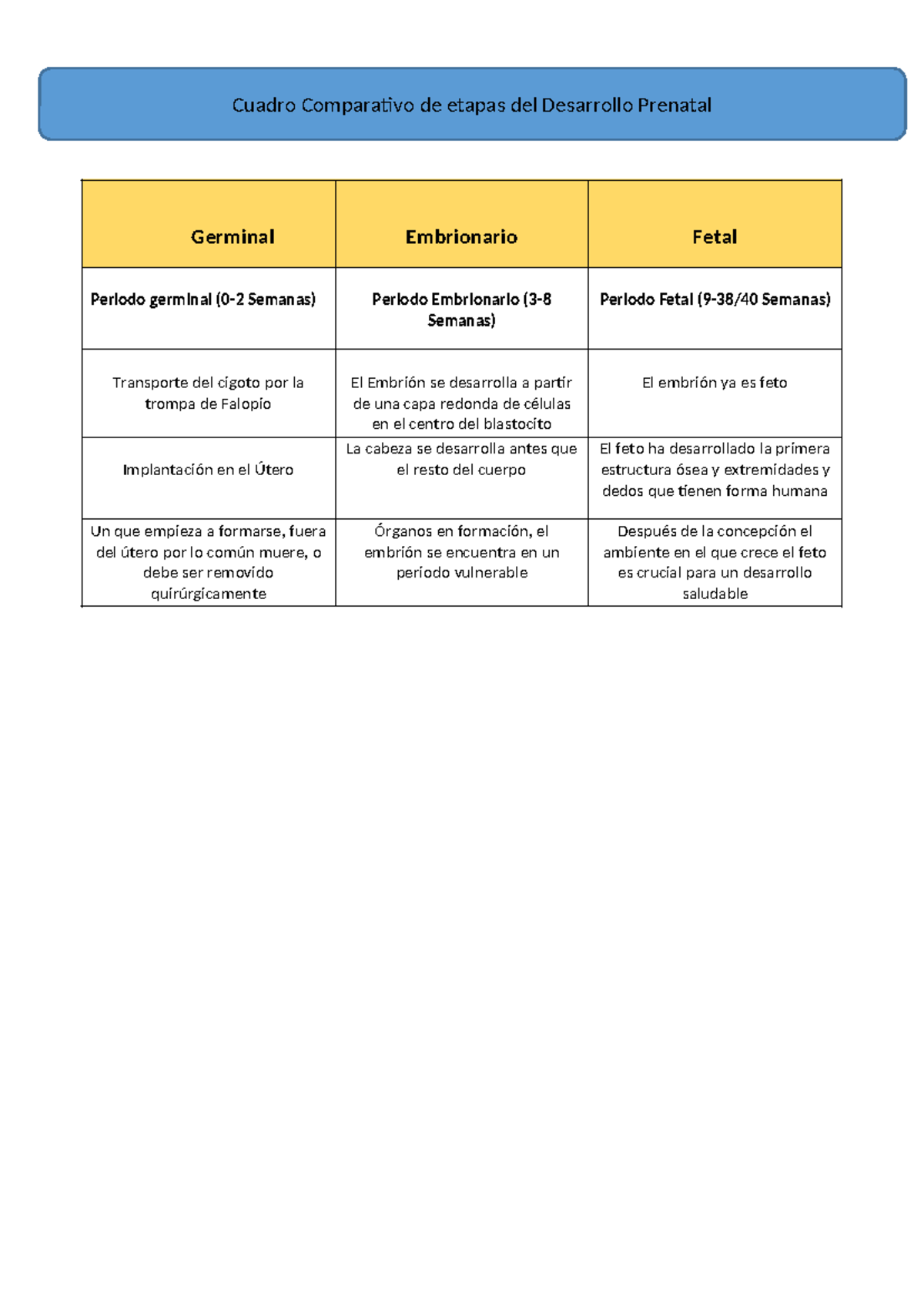 Cuadro Comparativo: Fases del Desarrollo Prenatal (Germinal ...