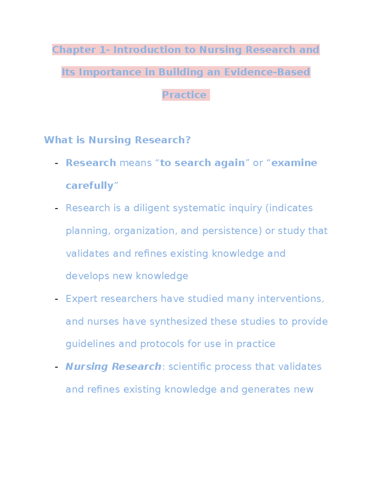 Nurs 101 Chapter 1 Intro To Nursing Research Evidence Based