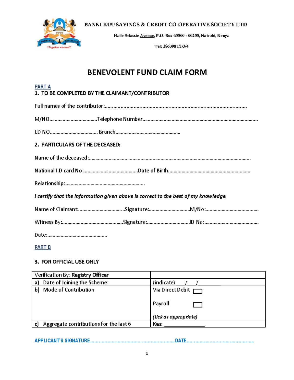 BANKI KUU Benevolent Fund Claim Form - Part A & B - Studocu