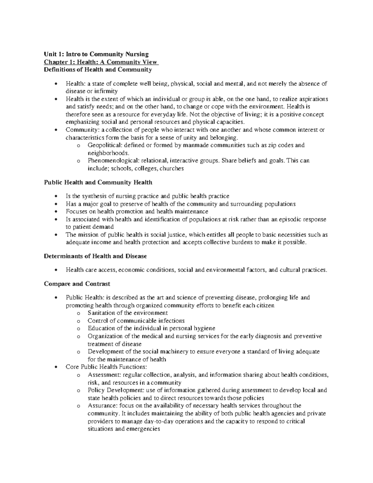 Community Health Nursing Exam 1 Study Notes - Studocu