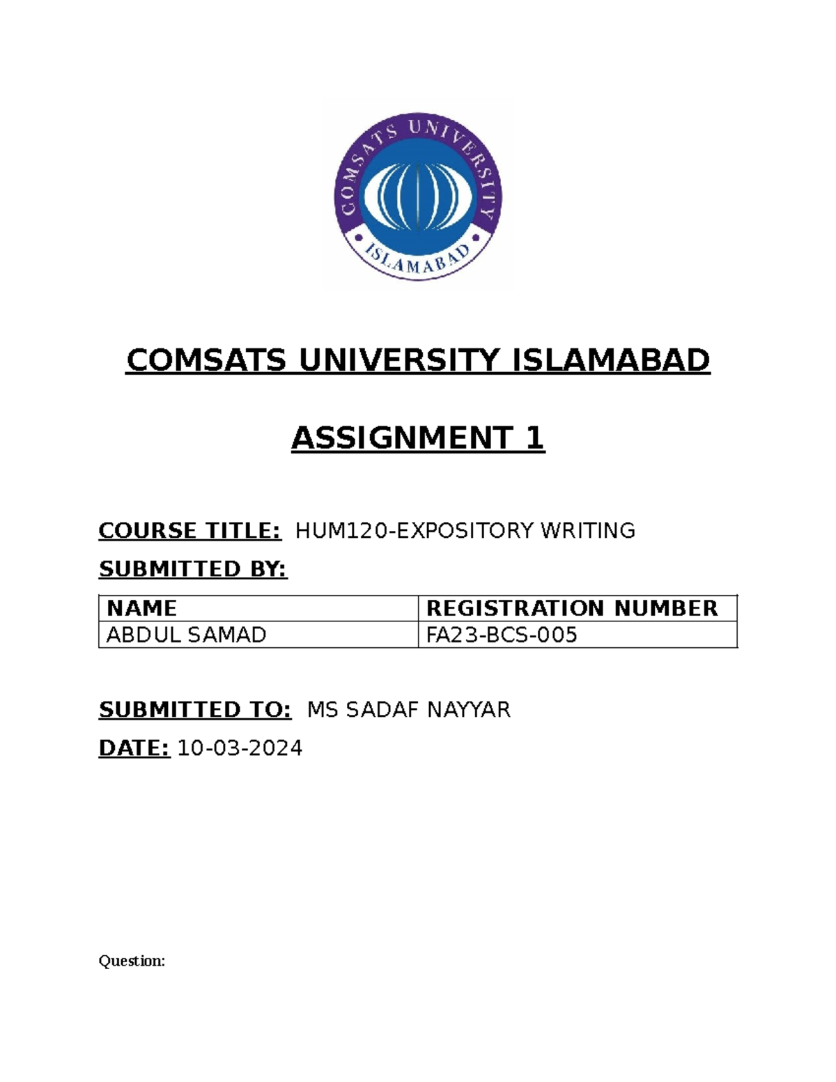 Assignment 1 - asddsa - COMSATS UNIVERSITY ISLAMABAD ASSIGNMENT 1 COURSE TITLE: HUM120 ...